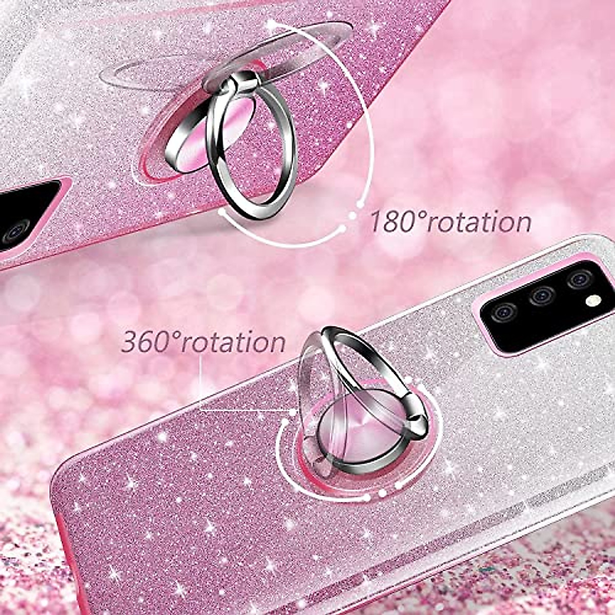 KSWOUS for Galaxy A03S Phone Case with Screen Protector [2 Pack], Glitter Sparkly Bling Pink Protective Cover with Kickstand for Women Girls Slim Shockproof Case for Samsung A03S Case (Pink)