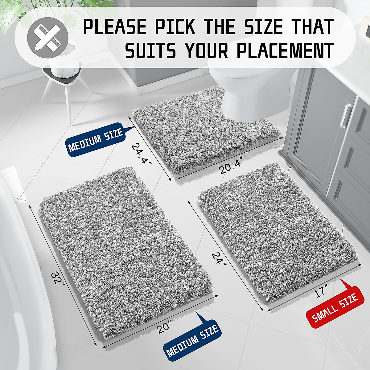 Yimobra Luxury Bathroom Rugs, Fluffy Bath Mats, Non Slip, Water Absorbent Microfiber, Machine Washable, Shaggy Plush Soft Shower Rugs, Thick Matts for Bathroom Floor & Sink, Light Gray and White