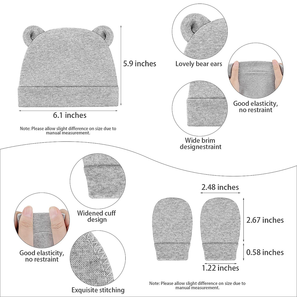 URATOT 6 Sets Newborn Baby Hats Mittens Sets Unisex Cotton Bear Ears Infant Caps Beanie Hat No Scratch Mittens for 0-3 Months