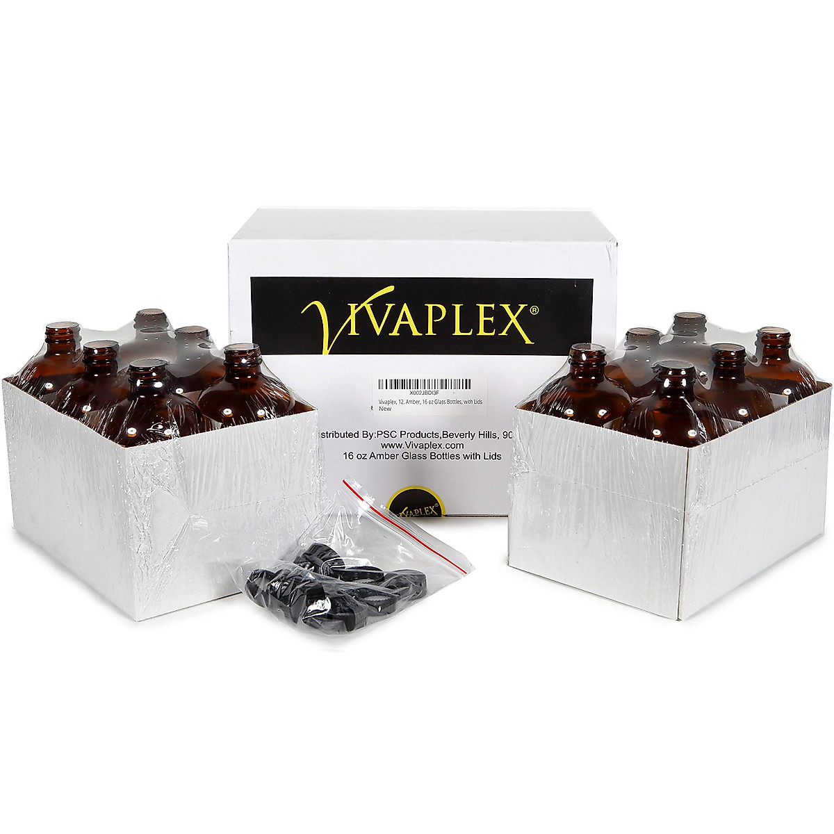 Vivaplex, 12, Amber, 16 oz Glass Bottles, with Lids