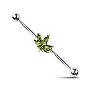 Body Accentz Industrial Pot Leaf Industrial Barbell Marijuana 14 gauge 1 1/2 barbell