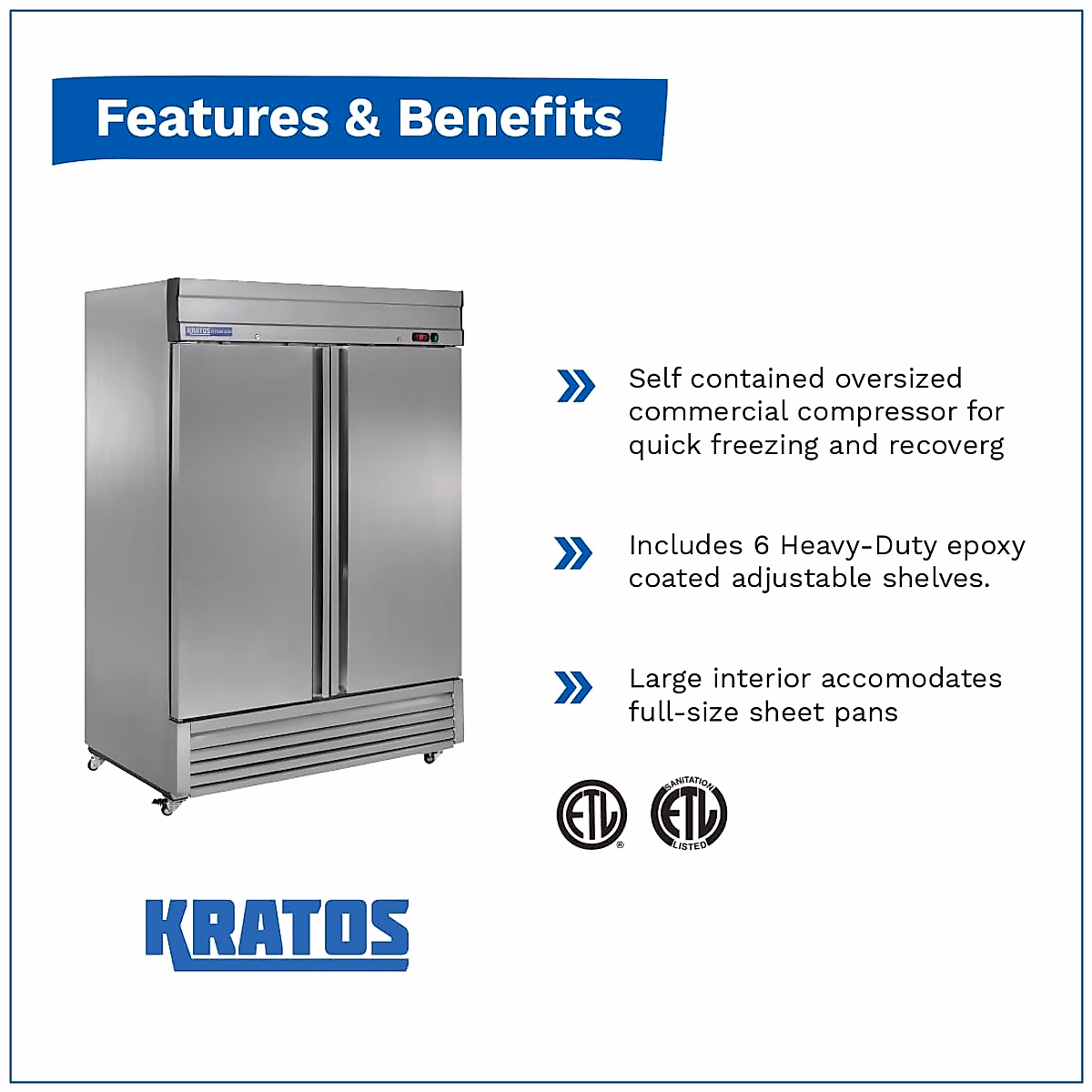 Kratos Commercial Freezer- 2- Solid Door Reach-In, Stainless Steel Exterior, 54" W (67K-005)