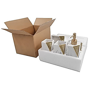 Cozy Villa 5-Piece Bathroom Accessories, Lotion Dispenser, Soap Dish, Toothbrush Holder, Tumblers, White Marble with Gold Design