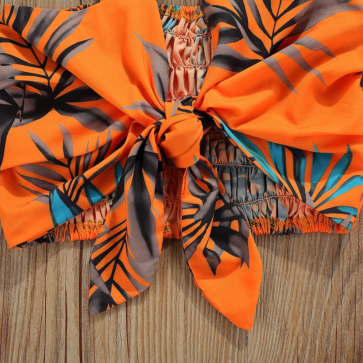 RSRZRCJ Kids Toddler Baby Girl Summer Outfits Strap Bow Cropped Tank Top Ruffle Palm Leaf Shorts Pants 2PCS Clothes Set (Orange+Leaf, 2-3T)