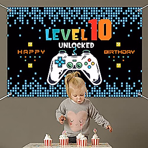 HAMIGAR 6x4ft Happy 10th Birthday Baner Backdrop - Level 10 Unlocked Birthday Decorations Party Supplies for Boys - Blue