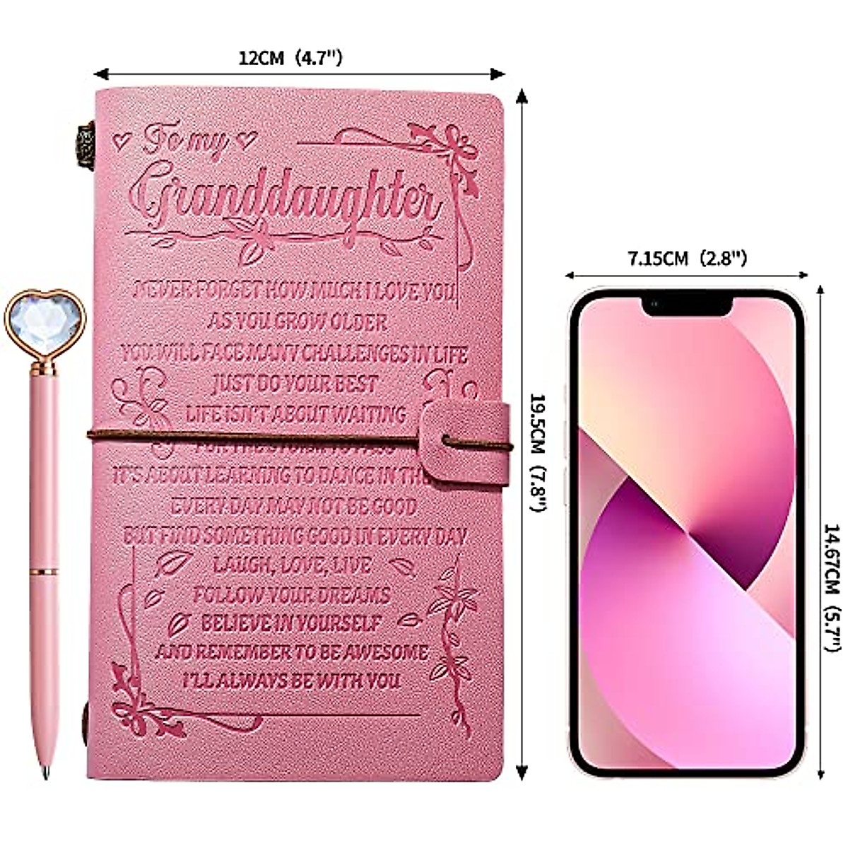 To My Granddaughter’s Gift - Pink Leather Journal+Heart Diamond Pen Set ,Engraved Notebook Writing Journal,Refillable Notepads,Travel Diary Graduation Back to School,Christmas,Birthday Gifts for Girls(7.9"x4.7") (To Granddaughter Journal)