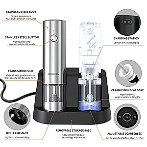 CIRCLE JOY Electric Salt and Pepper Grinder Set Stainless Steel Spice Grinder Automatic Pepper Mills with Easy-to-Carry Dual Charging Station, Brush, White Led Light, and Adjustable Coarseness
