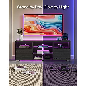 VASAGLE TV Stand with LED Lights for TVs up to 70 Inch, Entertainment Center with Open Glass Shelves, 2 Cabinets with Doors, 63-Inch Long, TV Console for Bedroom Living Room, Black ULTV330T21