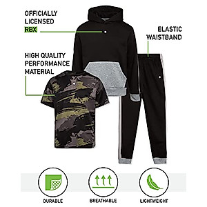 RBX Boys' Active Sweatsuit Set - 3 Piece Fleece Zip Up Hoodie, Athletic T-Shirt, and Jogger Sweatpants for Boys (Sizes: 8-12), Size 10, Black