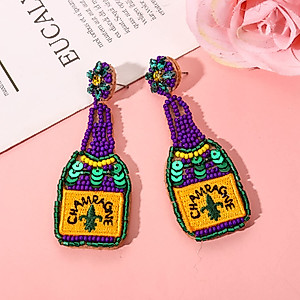 Beaded Champagne Bottle Earrings for Women Handmade Bead Champagne Drop Dangle Earring Statement Earring Studs for Birthday Holiday Parties Gifts (Mardi Gras Color)