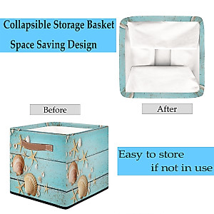Summer Seashells Cube Storage Baskets Fabric Seashells Border on Sand Storage Bins Boxes Collapsible Organizer Bin with Handles for Shelves,Toys, Towels, Closet,Shelf Basket