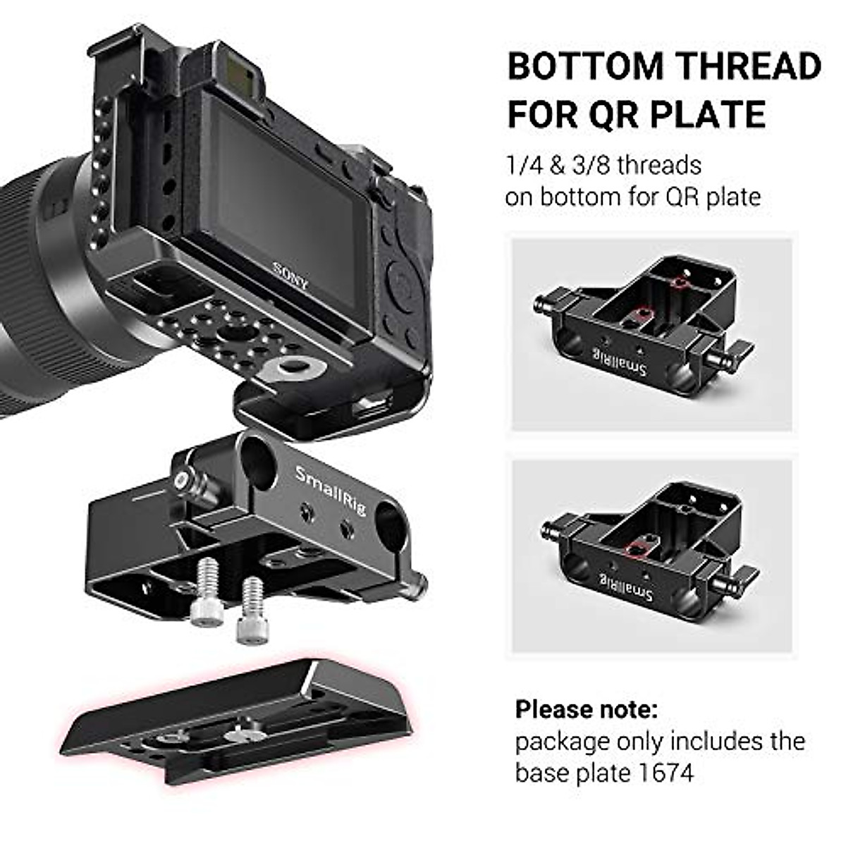 SmallRig Camera Base Plate with Rod Rail Clamp, Baseplate for Sony A6500 A6600 A6300, for Panasonic GH5 GH6, for Sony A7 Series, for Canon R5 R6, Both for Cameras & Cages - 1674