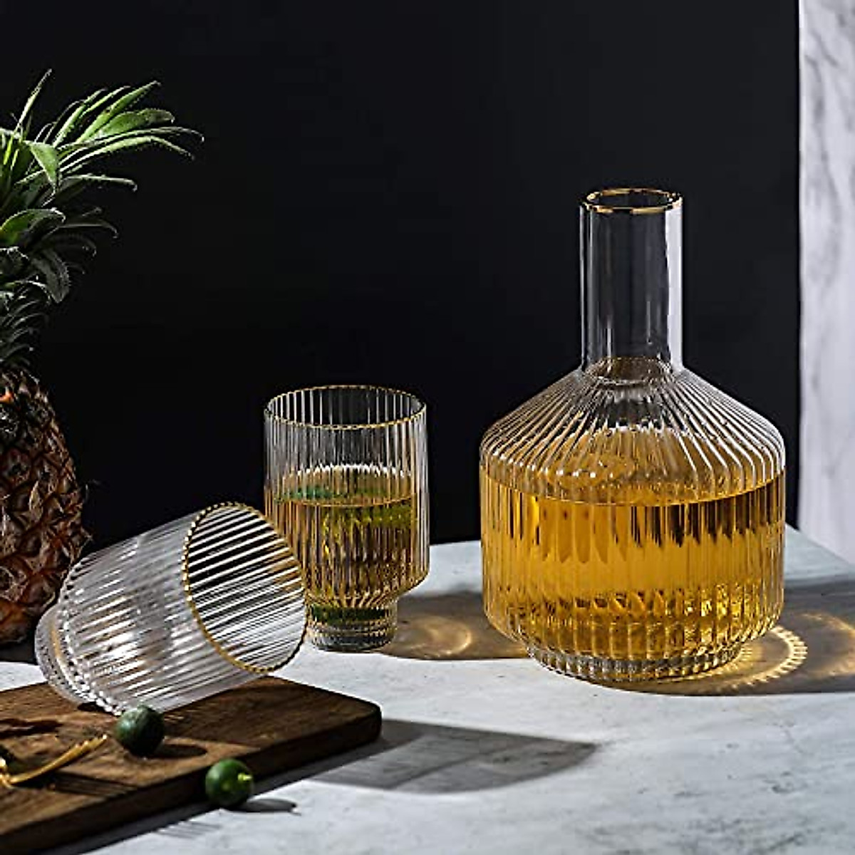 G bedside water carafe glass 1 pitcher 2 cups set for night time water decanter Carafe 59 oz Tumbler 12.5 oz night-stand table bedroom handy jug crystal clear vintage home office desk