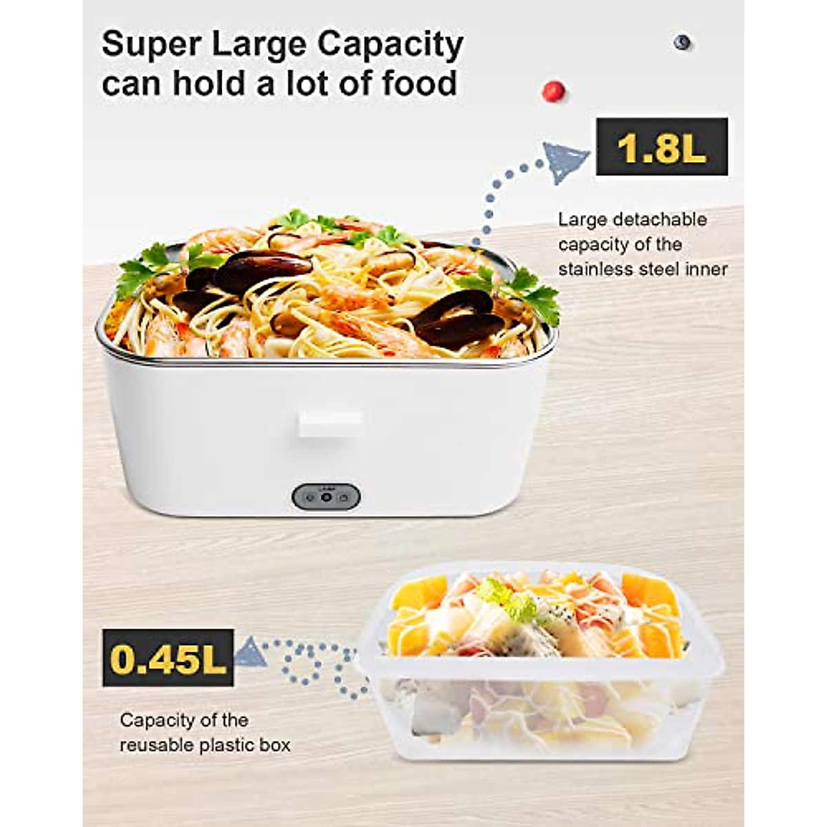 AUTOPkio Electric Lunch Box 1.8L, 12V 24V 110V Heated Lunchbox Food Warmer for Car Home Truck Driver Work, Removable Stainless Steel Container, Fork & Spoon (Grey)