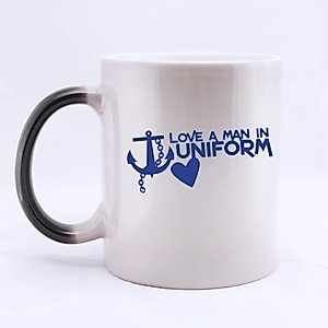 Love Heart Saint Valentine's Day Blue Heart 'Love A Man In Uniform' (Twin Side) Magic Surprise Mug Changing Black And White Morphing Mug (11 Oz)