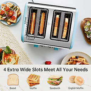 Toaster 4 Slice, REDMOND Wide Slots Retro Stainless Steel Toasters with LED Digital Countdown Timer Display, Dual Independent Control Panel, Reheat Defrost Cancel Function, High Lift Lever, Blue