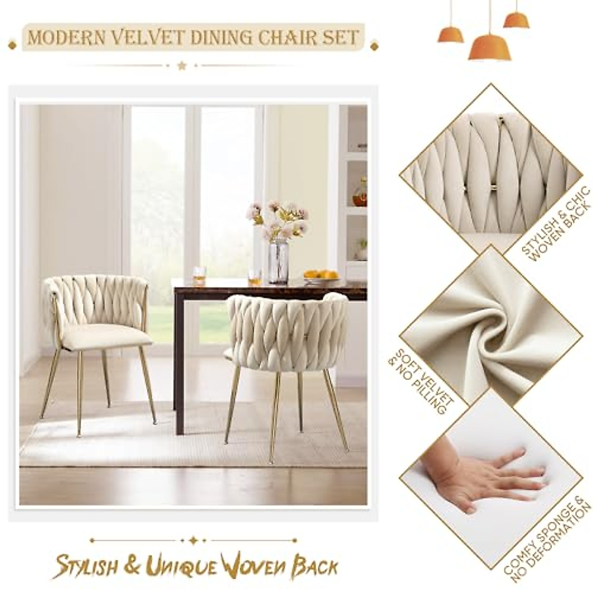Upholstered Velvet Dining Chairs Set of 2, Modern Living Room Chair with Woven Back and Golden Metal Legs, Mid-Century Accent Side Chair for Dining Room, Living Room, Kitchen, Vanity Room, Ivory