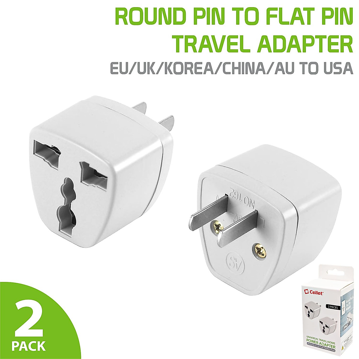 Cellet Universal Travel Adapter: Seamless Plug Conversion for International Travelers AC Wall Power Adapter to Convert China, UK, AU, EU & Other Plugs to US Plug Socket (2PACK)