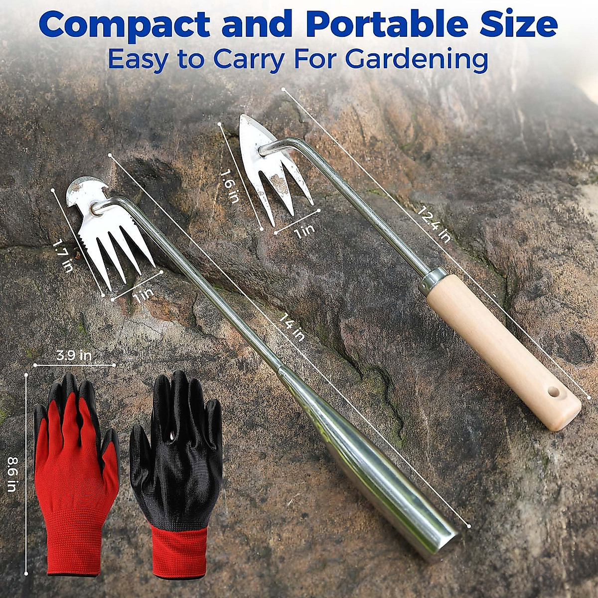 2pcs Upgraded Weed Pulling Tools,New Weeding Artifact Uprooting Weeding Tool,Garden Weeding Tool of Stainless Steel,Weed Puller Tool with Garden Gloves,Weeding Tool for Backyard (3 teeth+4 teeth)