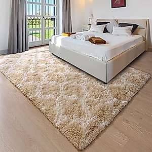 Unirea Shag Area Rug Modern Indoor Plush Fluffy Rugs, Super Soft and Fuzzy Carpet, Geometric Moroccan Rugs for Bedroom Living Room Girls Kids Nursery, 4x6 Feet Beige/White