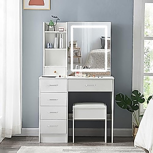 Large Vanity Table Makeup Vanity with LED Lights and Mirror, White Vanity Set Dressing Table with Drawers and Stool, Vanity Dresser Desk for Girls Women