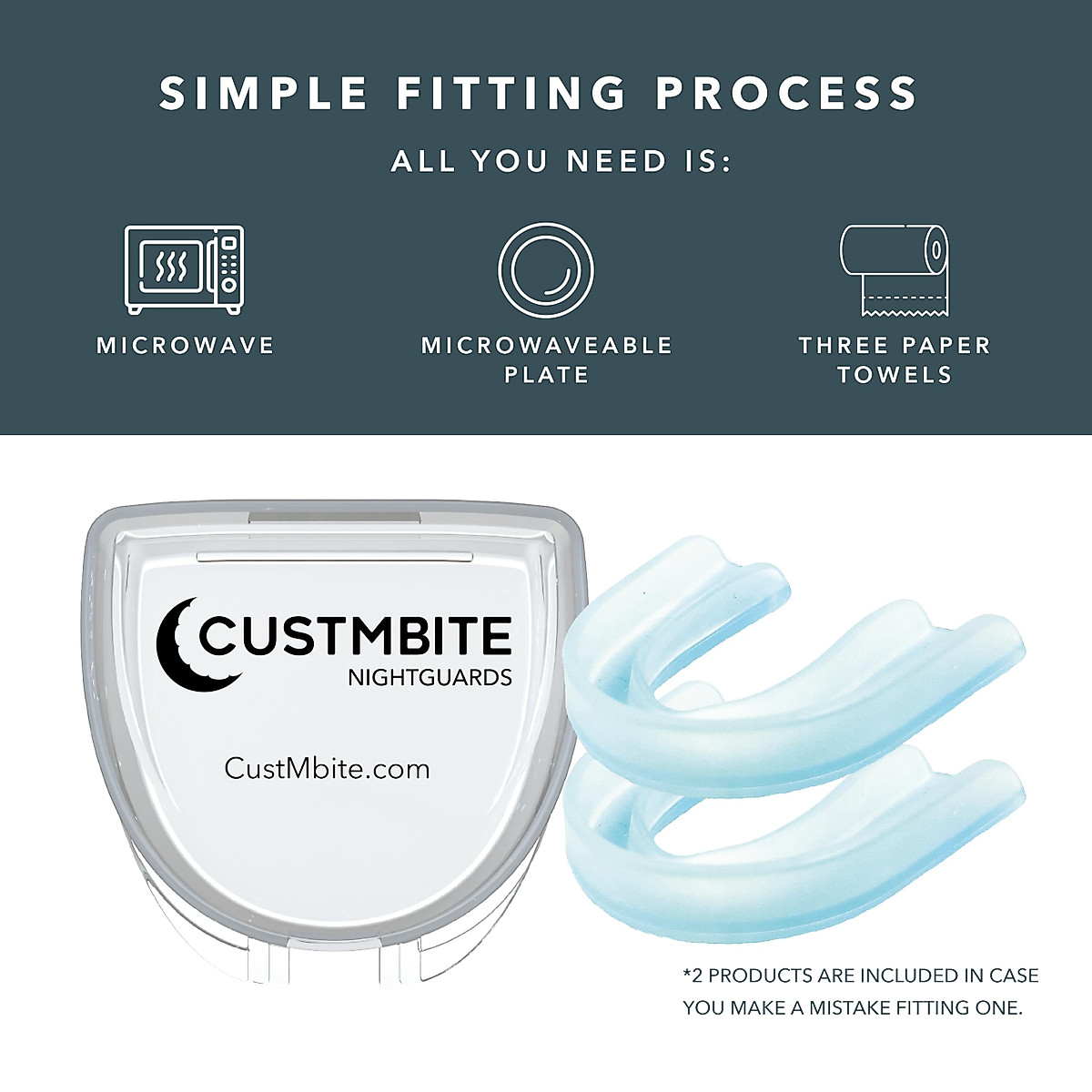 CUSTMBITE Premium Hard Surface Night Guards for Teeth Grinding, 2 Pack with Mouth Guard Case, USA Made, Mouth Guard for Clenching Teeth at Night, Bruxism NightGuard - Customizable Fit Dental Guard
