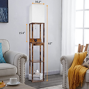 【Upgraded】Floor Lamp with Shelves,Shelf Floor Lamps for Living Room with Wireless Charger, Floor Lamps for Bedroom with USB A+C Charging Ports and 2 AC Outlet, Brown Wood Lamp for Living Room, Bedroom