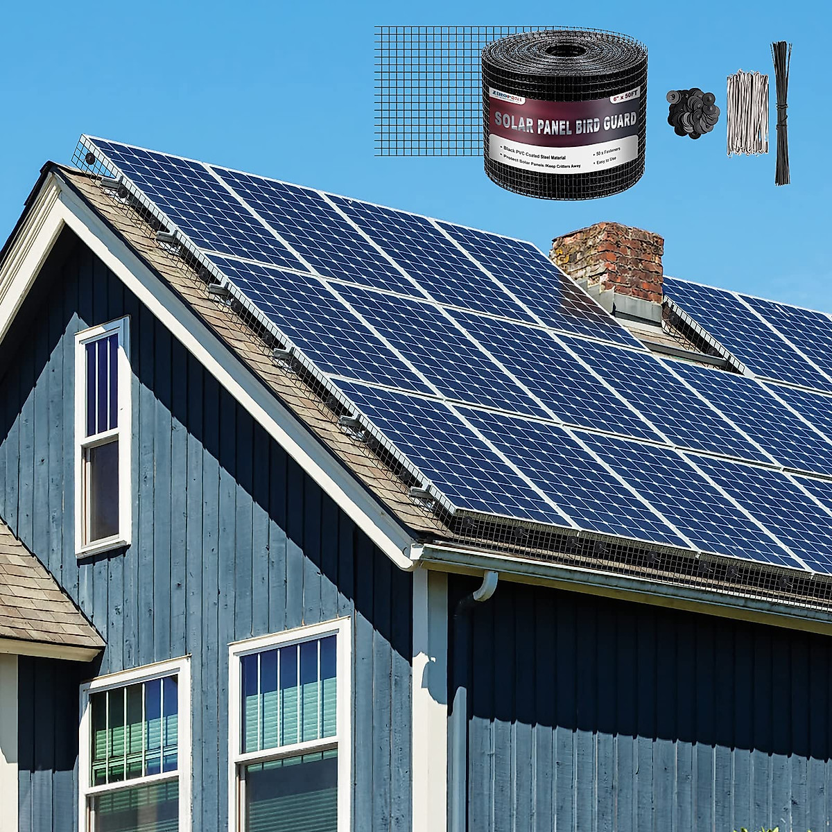 ZeroPone 6inch x 50ft Solar Panel Bird Guard,Critter Guard for Solar Panels w/ 50pcs Stainless Steel Fasteners,Removable PVC Coated Guard Wire for Squirrel,Bird,Critters Proofing