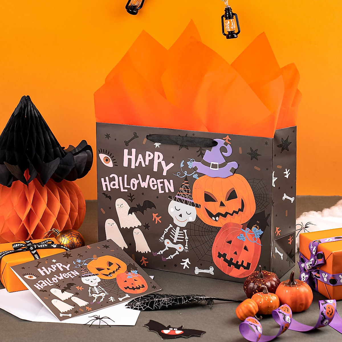 WRAPAHOLIC 13" Halloween Large Gift Bag with Card and Tissue Paper - Classic Halloween Theme Design and Happy Halloween Lettering