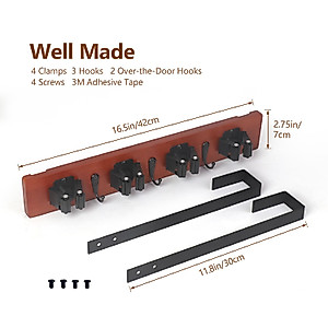 JSVER Over The Door Broom and Mop Holder Wood Broom and Mop Holder with 4 Racks and 3 Hooks, Broom Organizer Storage Tool Racks for Home Kitchen Garage Closet Laundry