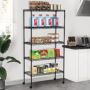 YYkokocat 5-Tier Wire Shelves 61" H x 30" x 14" Metal Storage Shelves Adjustable Wire Shelving Rack with Wheels & Leveling Feet NSF Metal Shelf Unit for Kitchen Pantry, 1200Lb Capacity, Black