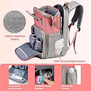 COSYLAND Diaper Bag Backpack Large Capacity Baby Bag for Boy Girl Water-repellent Multifunction Travel Back Pack with Changing Pad & Stroller Straps for Mom Dad, Pink/Grey