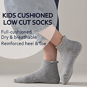 EPEIUS Kids Cushioned Socks Low Cut/Ankle Running Socks Thick Cotton Athletic Sports Socks for Boys Girls 6 Pack 7-10 Years,Black White Light Grey