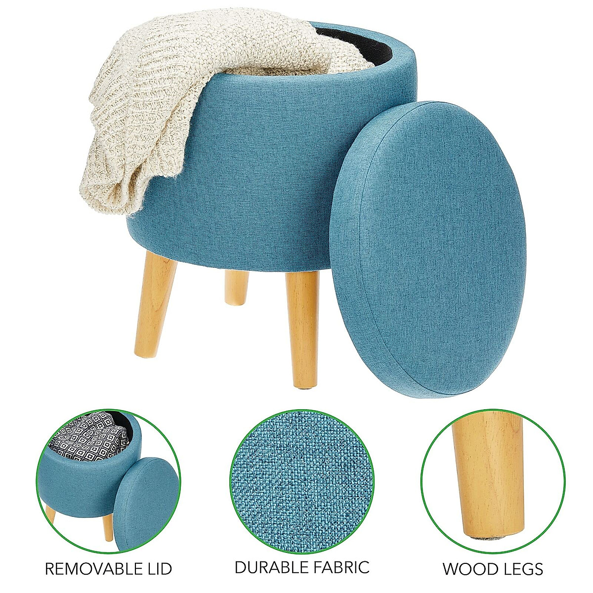 mDesign Round Storage Ottoman Foot Rest Chair - Small Stool Furniture Organizer and Seat with Wood Legs for Dorm, Living Room, Office, Closet, Vanity, Bedroom, or Desk - Teal Blue