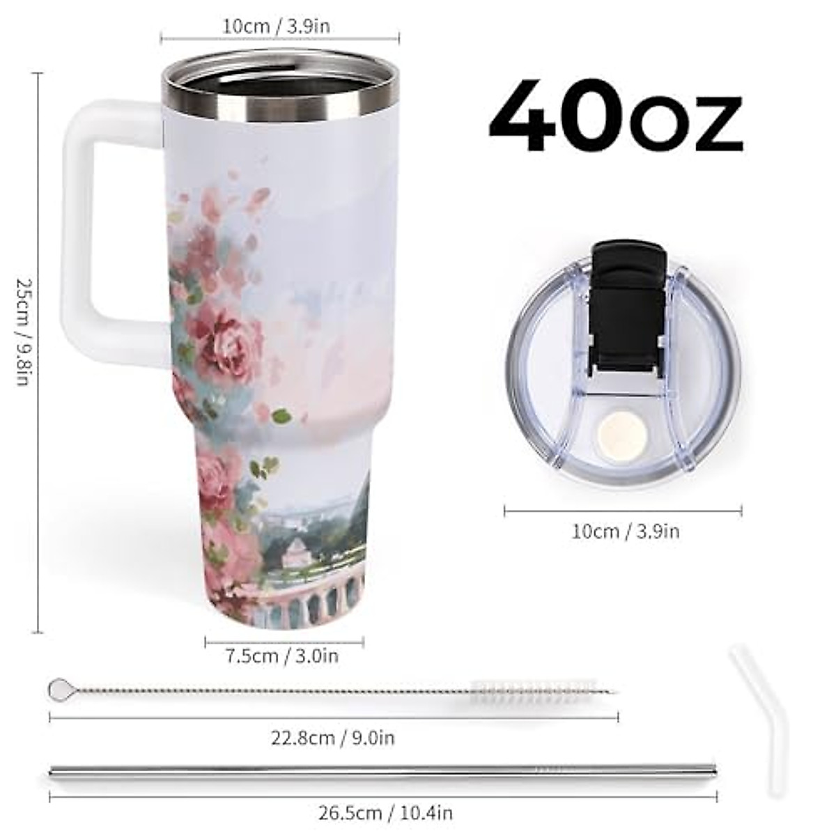 40 Oz Vacuum Tumbler with White Handle Leakproof Insulated Tumbler Paris Eiffel Tower with Flowers Stainless Steel Travel Mug with Lid And Straw Coffee Cup Cute Water Bottles Cup Holder Friendly
