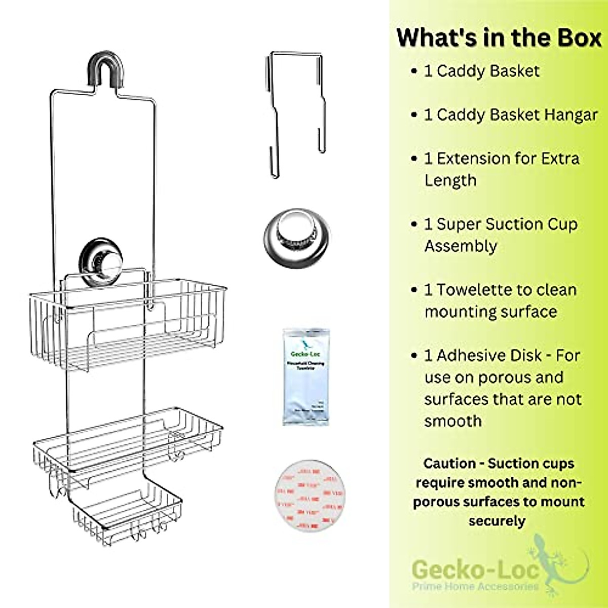 Gecko-Loc EXCLUSIVE Long Adjustable Length Hanging Bathroom Over the Shower head Hanger, Suction Cup Shower Caddy/Organizer - Deep Storage for large bottles - Stainless Steel (Silver)