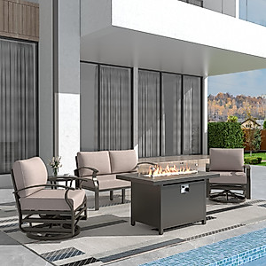 Piltwoff Aluminum Patio Furniture Set with Swivel Chairs,4-Seat Modern Outdoor Sectional Sofa w/45in 55000BTU Fire Pit Table and 5.1 Inch Cushion,Patio Conversation Sets w/Coffee Table,Sand