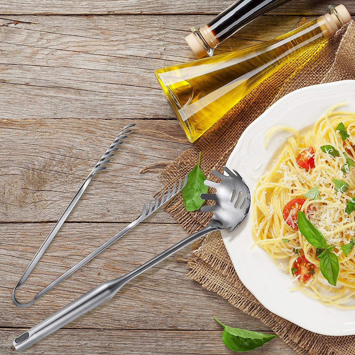 Patelai 2 Pcs Stainless Steel Pasta Spoon with Teeth Large Spaghetti Spoon Utensil, 9.4'' Pasta Tong and 13.6'' Pasta Fork with Vacuum Handle, Comfortable Grip Design Spoons for Kitchen(Silver)