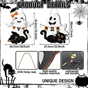Leinuosen 2 Pcs Halloween Ghost Witch Door Sign Boo Decorations Happy Halloween Front Door Hanger Wreath Decor Black Cat Pumpkin Wooden Hanging Sign for Halloween Party Supplies(Ghost)