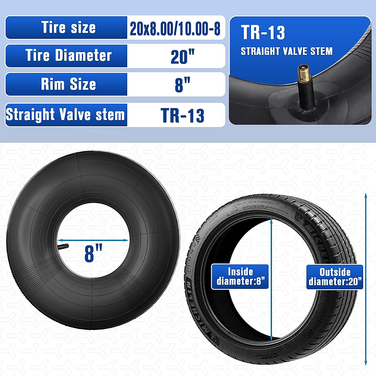 20x10-8,20x8-8,20x10.00-8,20x8.00-8 Premium Replacement Tire Inner Tubes(2 Packs)，for Riding Mower Lawn Tractor Snow Blower Golf Cart Garden Trailer,with TR13 Straight Valve Stem, by NAKAO