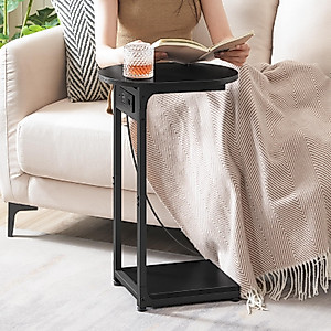 HOOBRO C Shaped End Table with Charging Station, Round Couch Side Table, TV Tray Slide Under Sofa Table with Metal Frame for Small Spaces, Living Room and Bedroom, Black BB18USF01