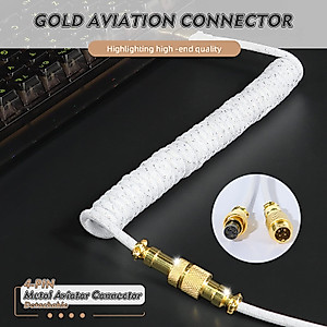 ATTACK SHARK Custom Coiled USB C to A Cable for Gaming Keyboard,Double-Sleeved Starlight Braided Cable with Detachable Metal Aviator 24K Gold Connector 1.7M-2.2M for Phone/PS4/Android/Xbox-White