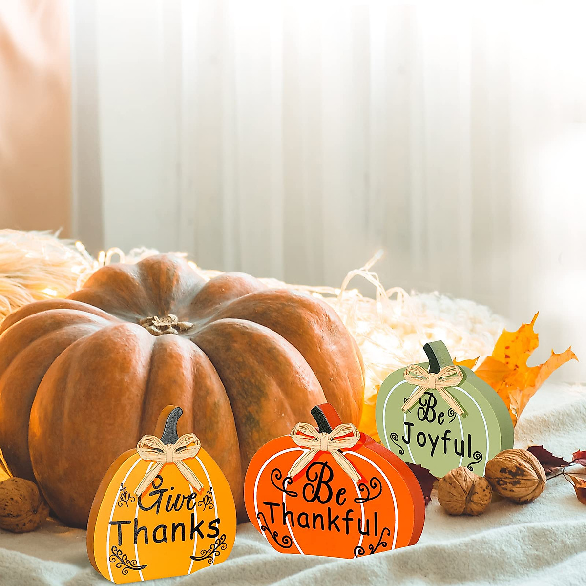 3 Pcs Fall Wooden Pumpkin Sign Fall Thankful Joyful Thanks Pumpkin Tiered Tray Decor Fall Table Signs Harvest Thanksgiving Wood Block Sign for Home Party Halloween Decorations (Orange, Green, Yellow)