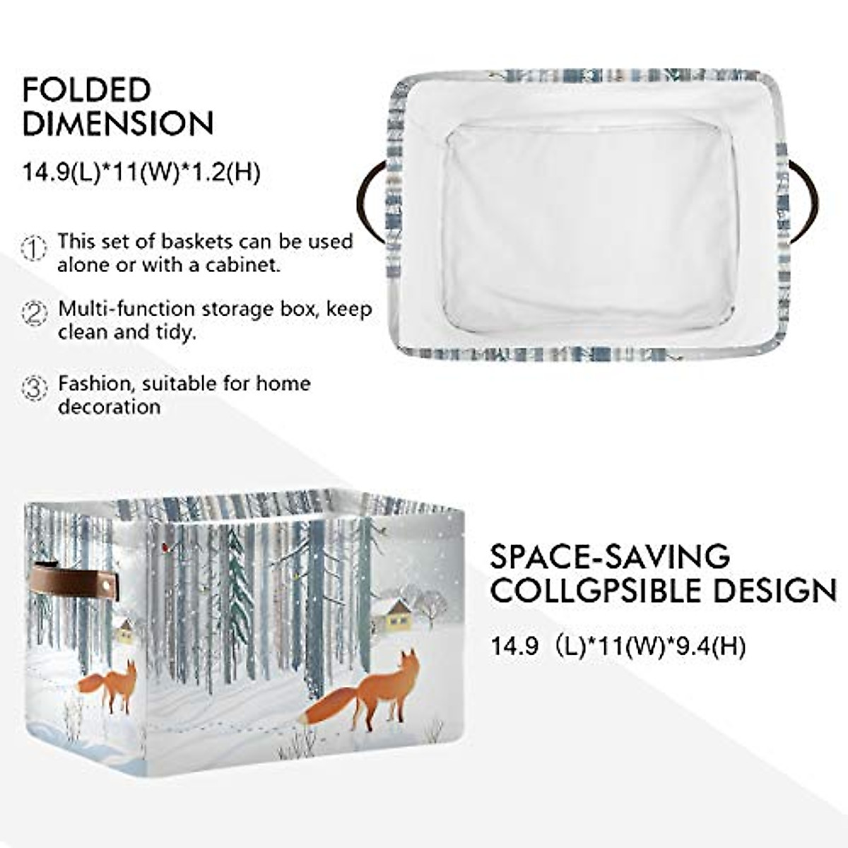 Storage Basket Cube Winter Forest Wildlife Animal Fox Large Collapsible Toys Storage Box Bin Laundry Organizer for Closet Shelf Nursery Kids Bedroom,15x11x9.5 in,1 Pack