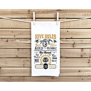 Honey Bee Kitchen Towels with Hanging Loop - Set of 5 100% Cotton Flour Sack Hand Towels - Home Decor Housewarming Hostess Mother's Day Gift for Bee Lover