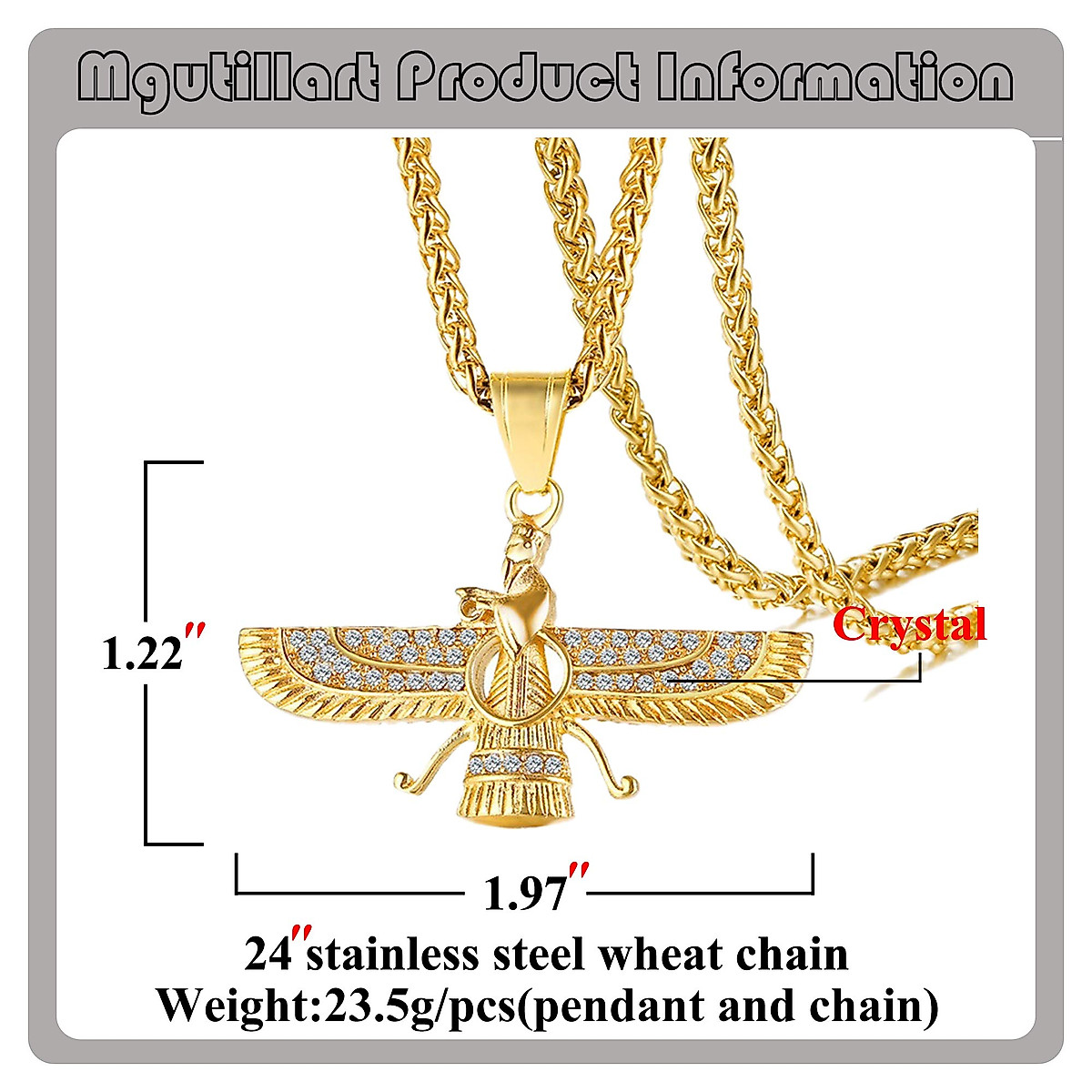 Mgutillart 18K Gold Plated Jewelry Stainless Steel Crystal Necklace Farvahar Symbol Tag Pendant Necklace