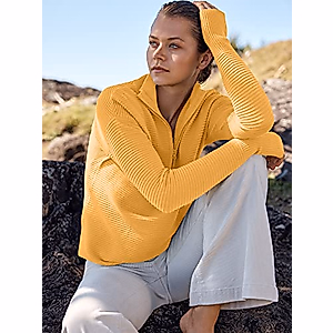 ANRABESS Women's 2025 Fall Long Sleeve Half Zip Casual Oversized Ribbed Knit Pullover Sweater Top Thumb Hole Trendy Outfits Yellow X-Large