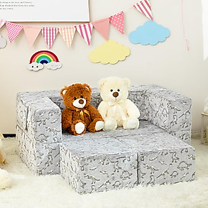 ALIMORDEN 3-in-1 Modular Toddler Couch, Glow-in-The-Dark Dinosaurs Flip Out Kids Couch, Nugget Couch with Two Ottomans and Side Pocket for Boys and Girls, Grey