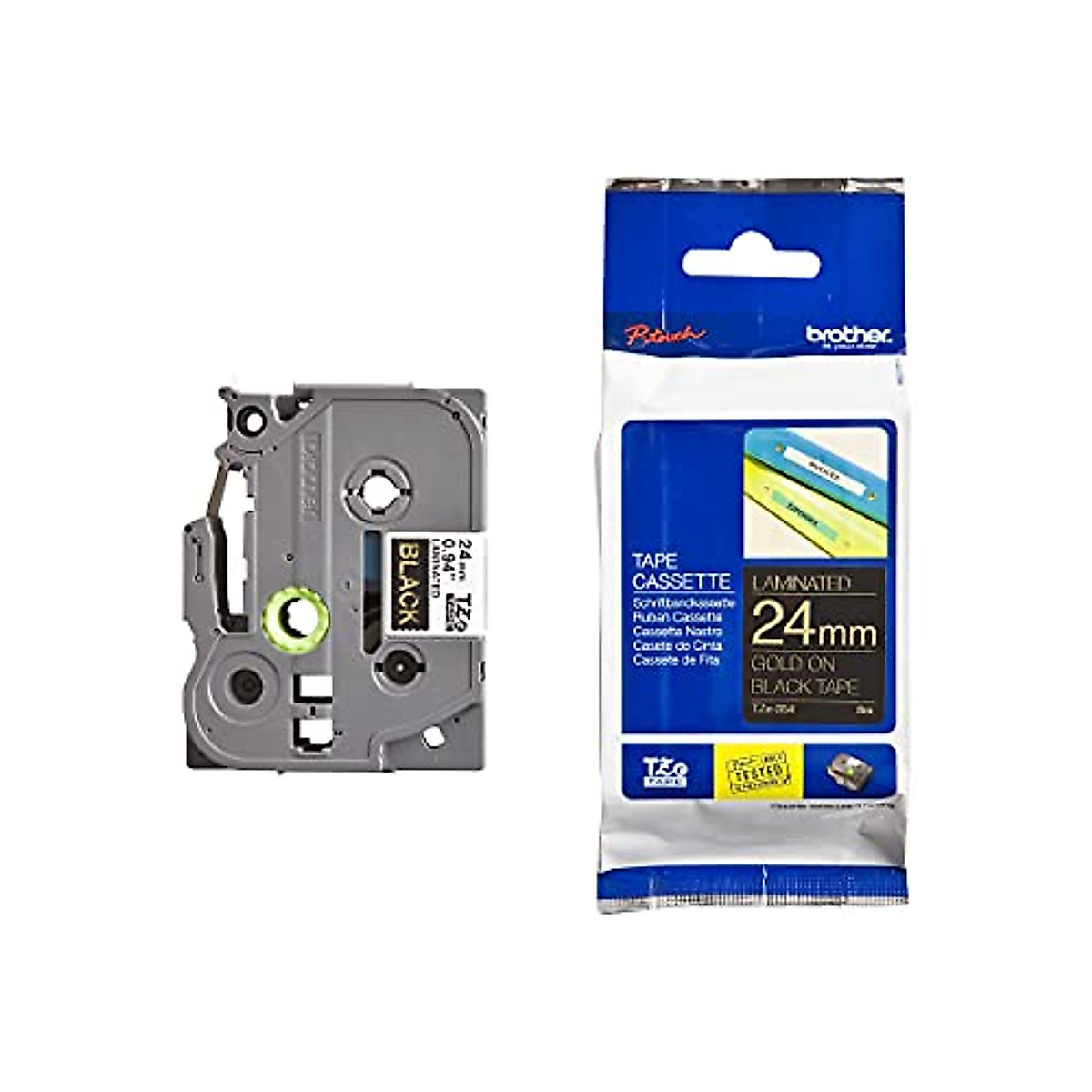 Brother Tze354 Tze Standard Adhesive Laminated Labeling Tape, 1-Inch W, Gold On Black