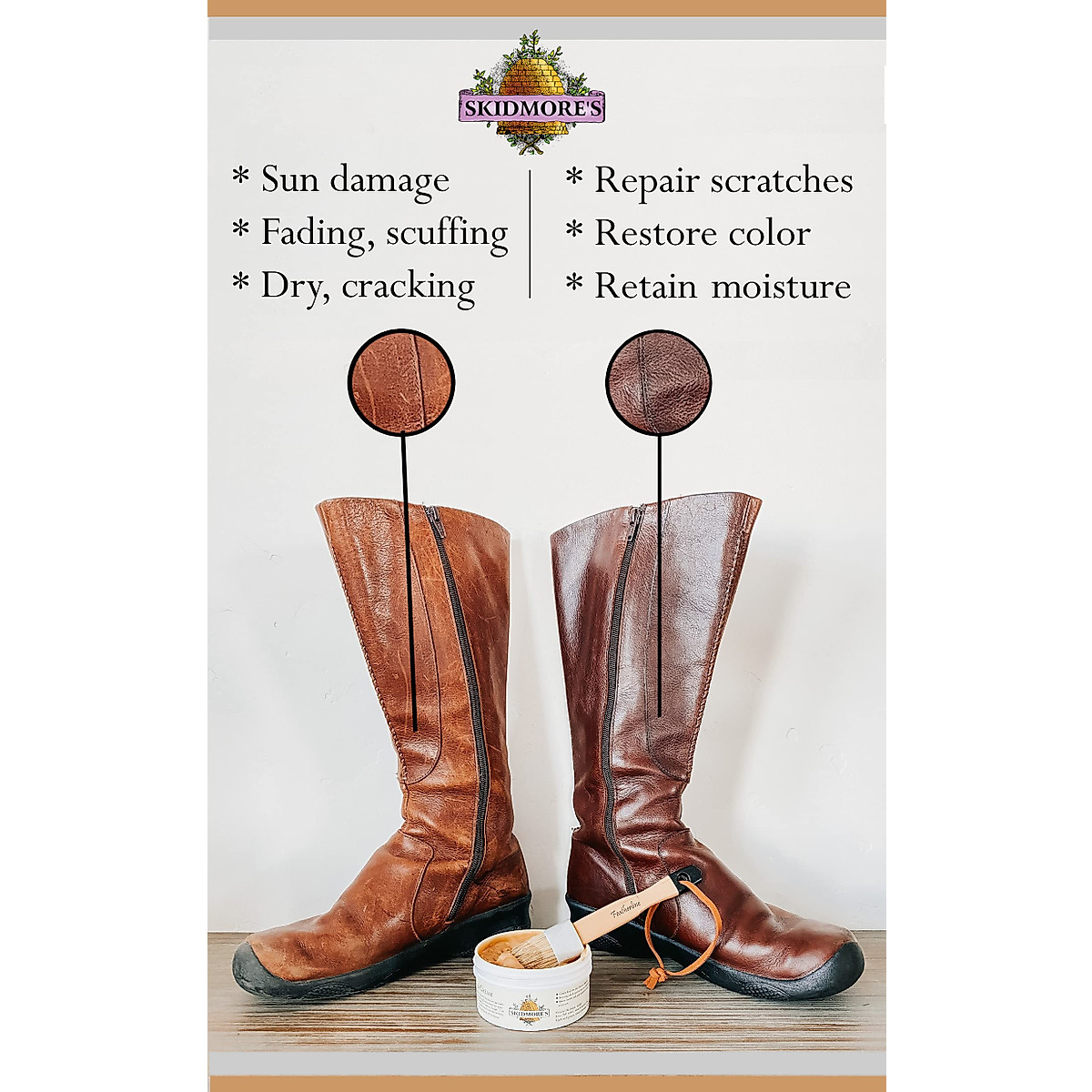 Skidmore's Original Leather Cream | 100% Natural Non Toxic Water Repellent Formula is a Cleaner and Conditioner | Repair a Horse Saddle, Riding Boots, Jacket, Gloves, Chaps, Shoes, Belt | 6 Oz